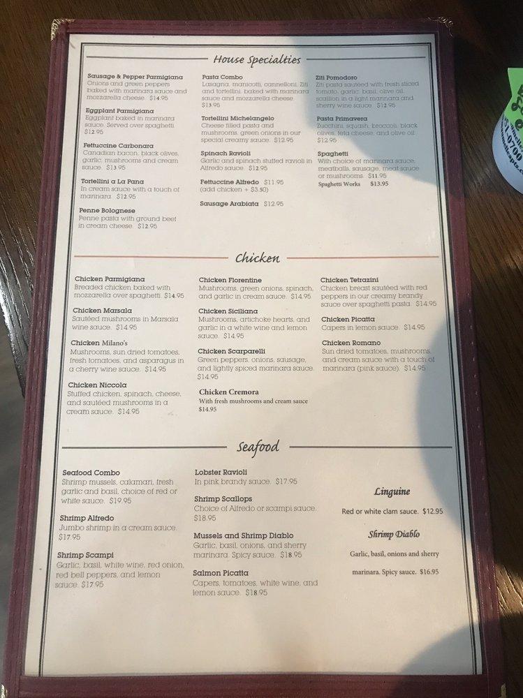 Menu at Milano’s Italian Grill restaurant, Maumelle