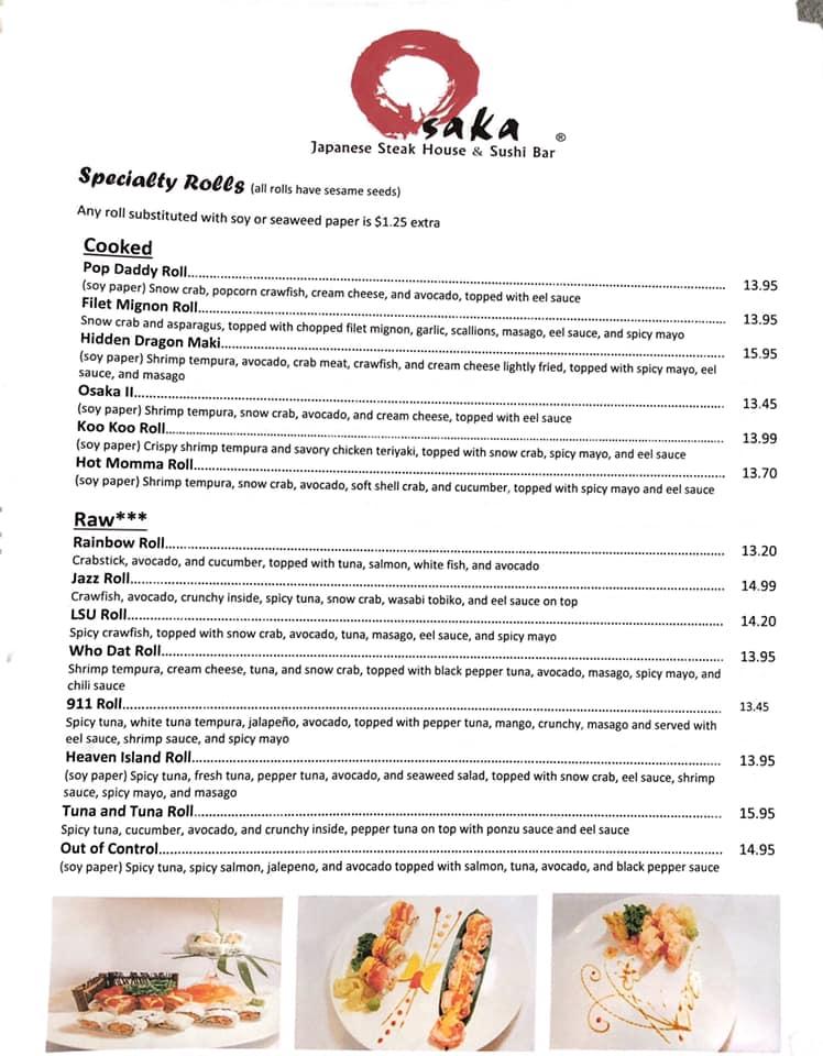 Menu at Osaka Japanese Cuisine restaurant, Houma