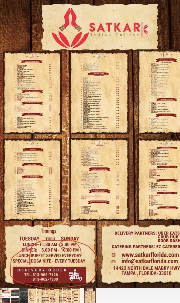 Carta del restaurante Satkar Indian Cuisine, Tampa, N Dale Mabry Hwy