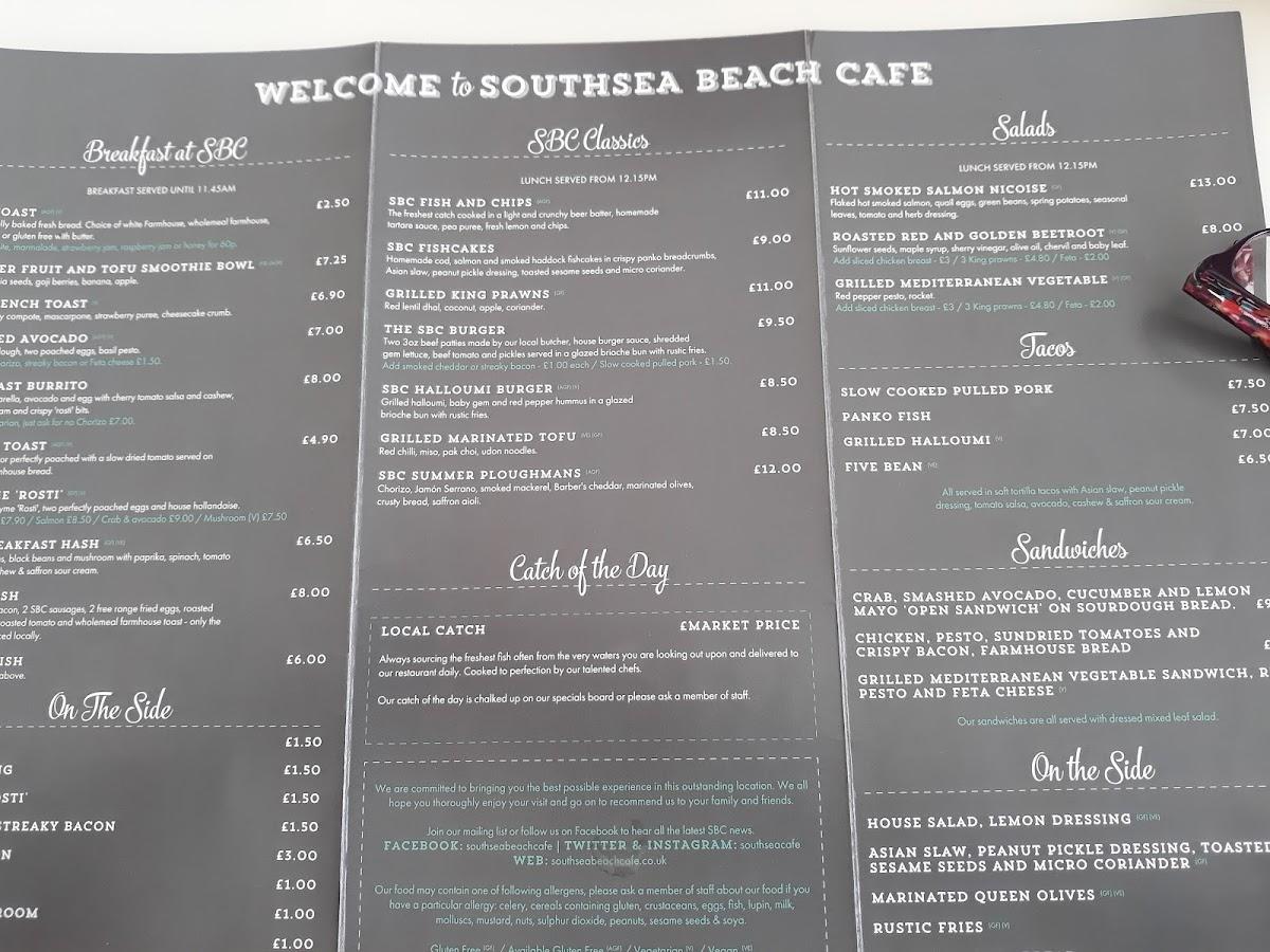 Menu at Southsea Beach Cafe, Portsmouth