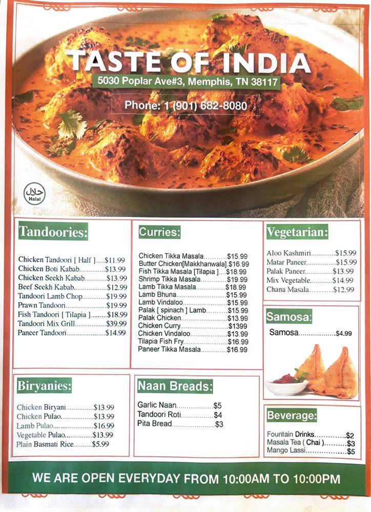Menu at Taste Of India restaurant, Memphis