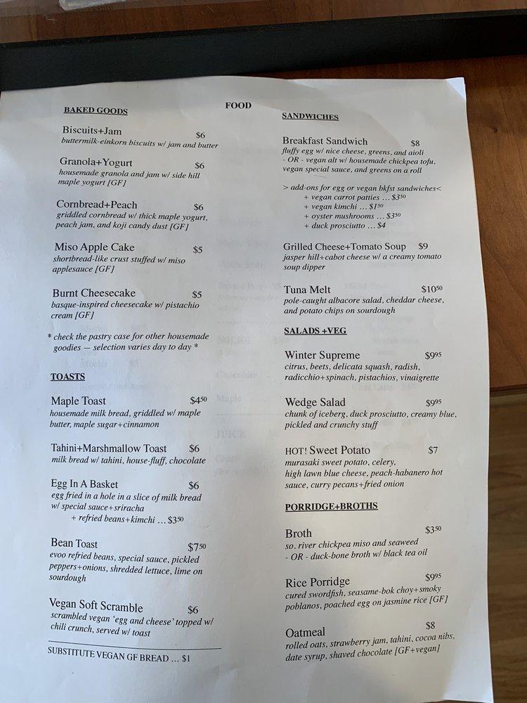 Menu at The Upper Bend cafe, Montague