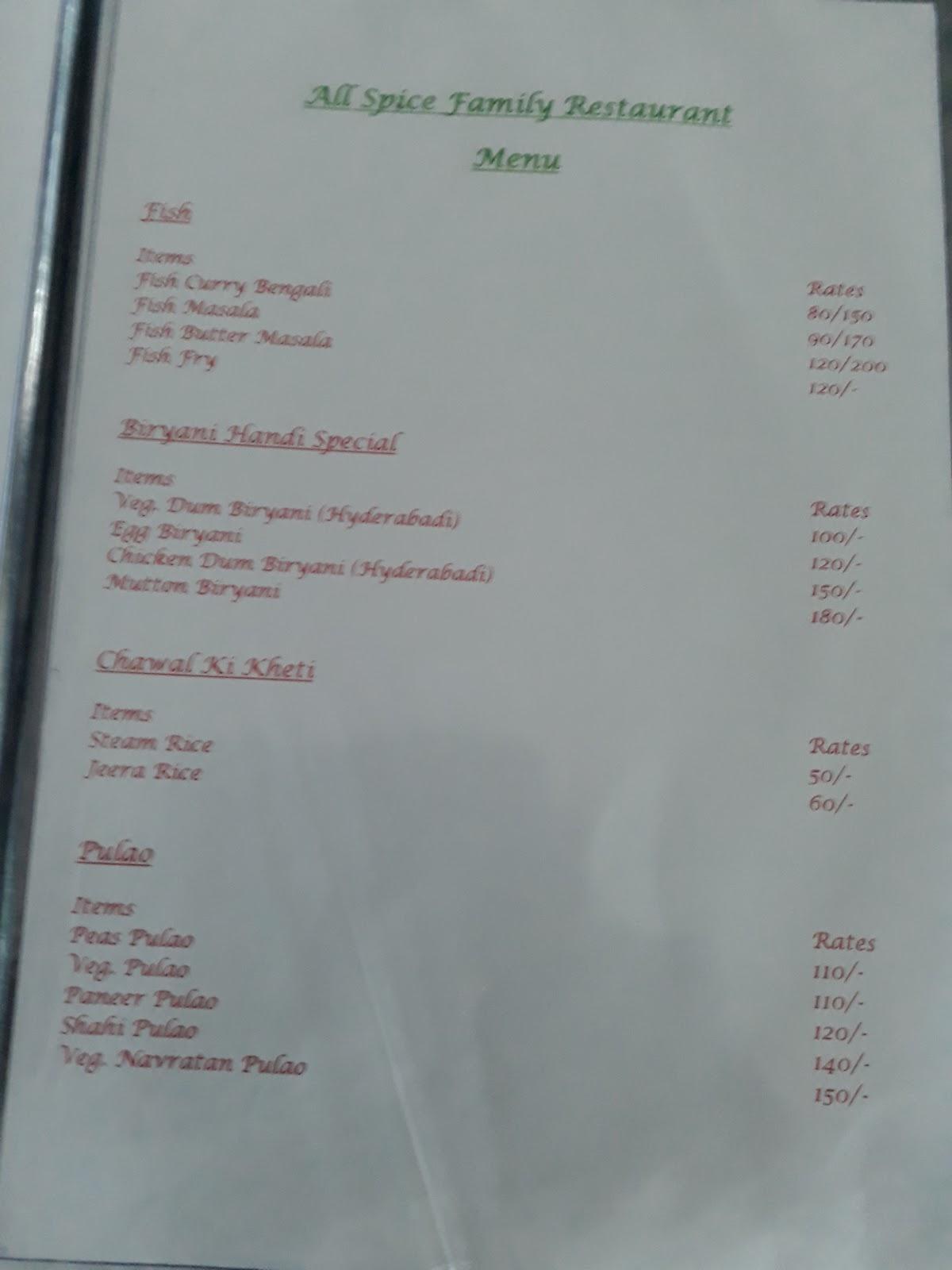 Menu at All Spice Family Restaurant, Patna