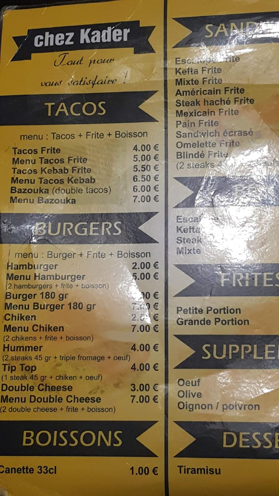 Menu au Chez Kader restaurant, Belfort