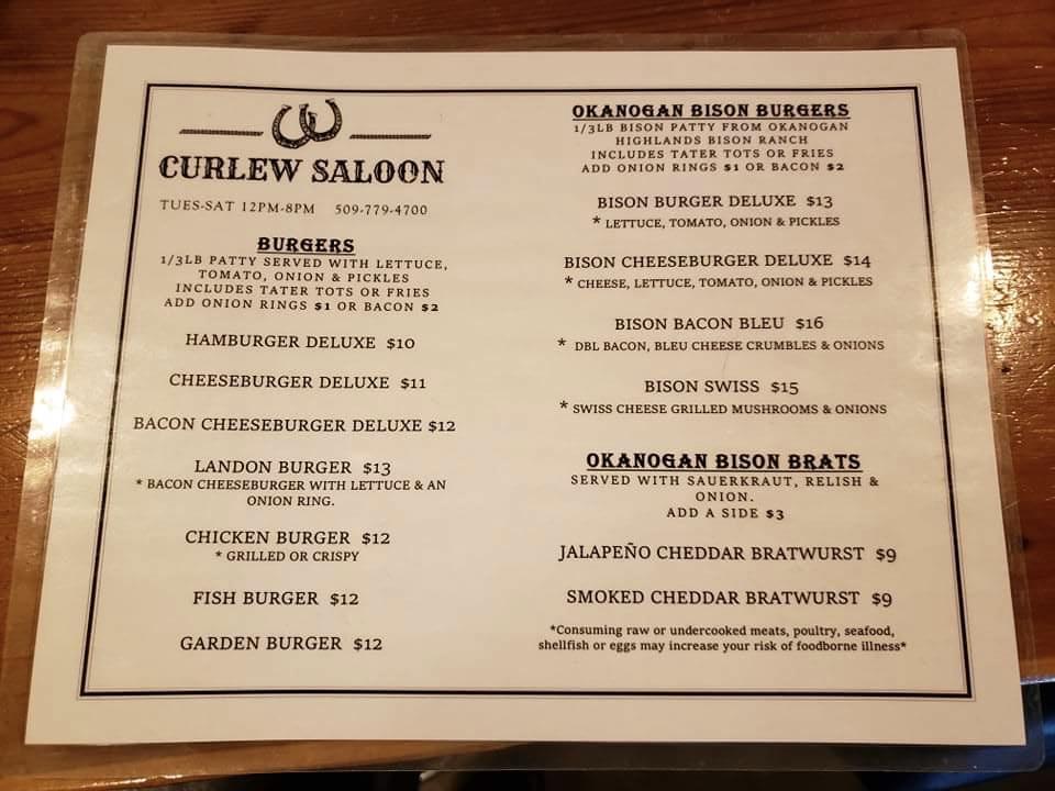 Menu at Curlew Saloon pub & bar, Curlew