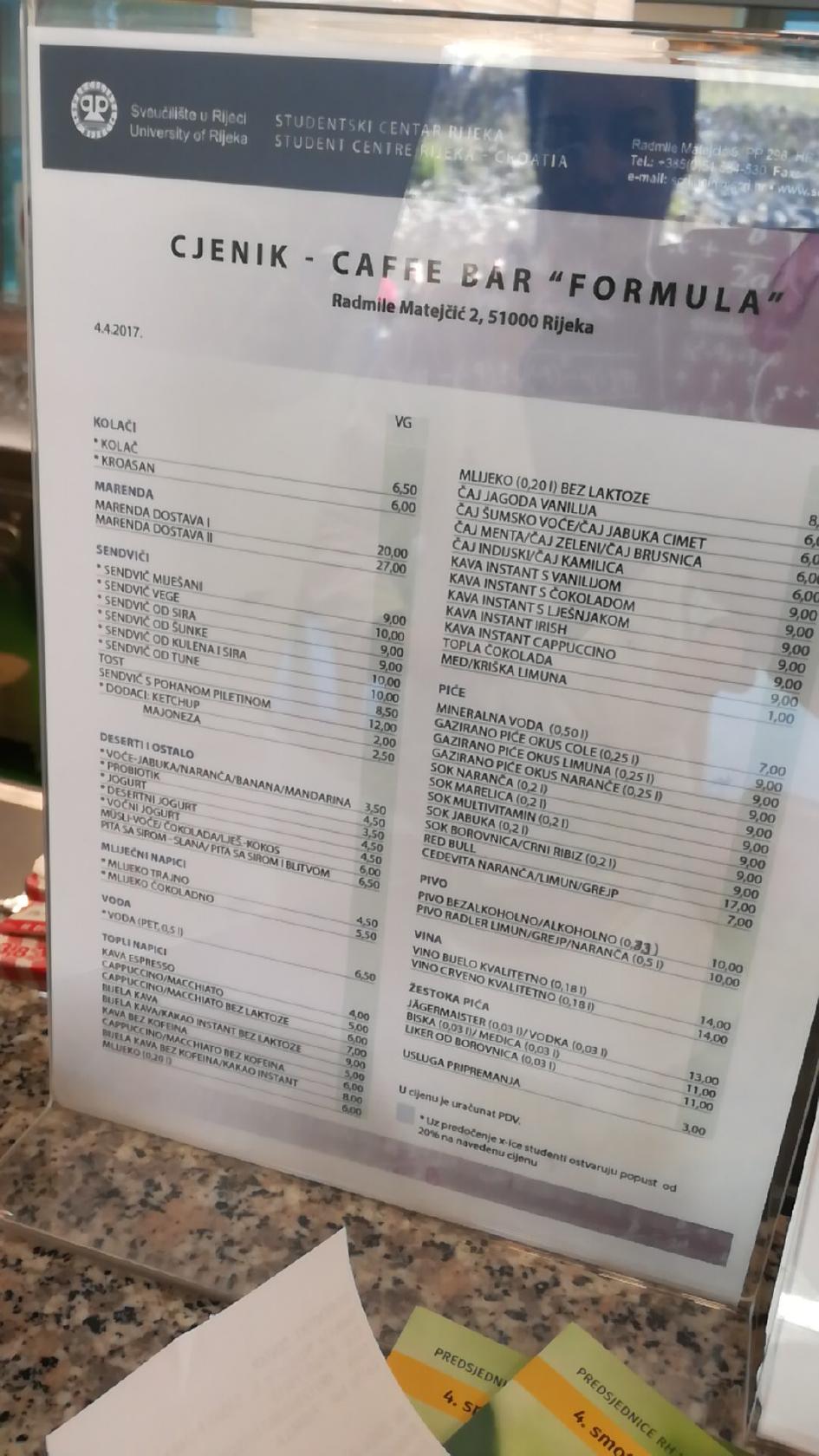 Menu at Formula cafe, Rijeka