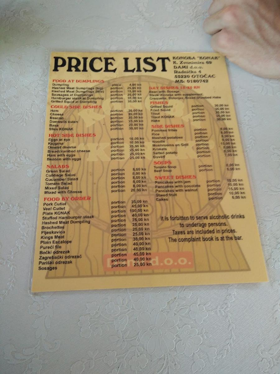 Menu at Konoba Konak restaurant, Otočac, Ul. kralja Zvonimira 69