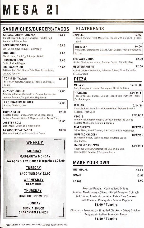 Menu at Mesa 21 pizzeria, Fall River