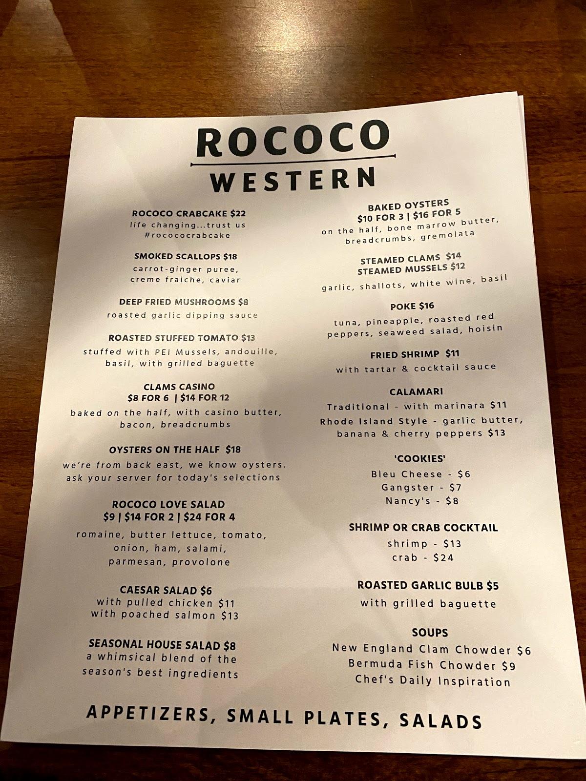 Menu at Rococo on Western restaurant, Oklahoma City, N Western Ave