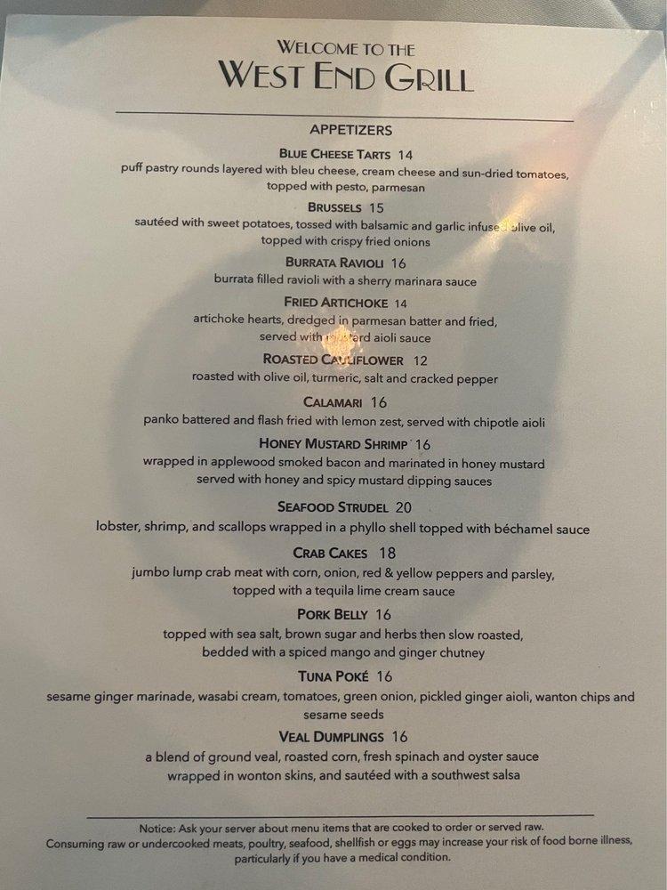 Menu at The West End Grill steakhouse, Ann Arbor