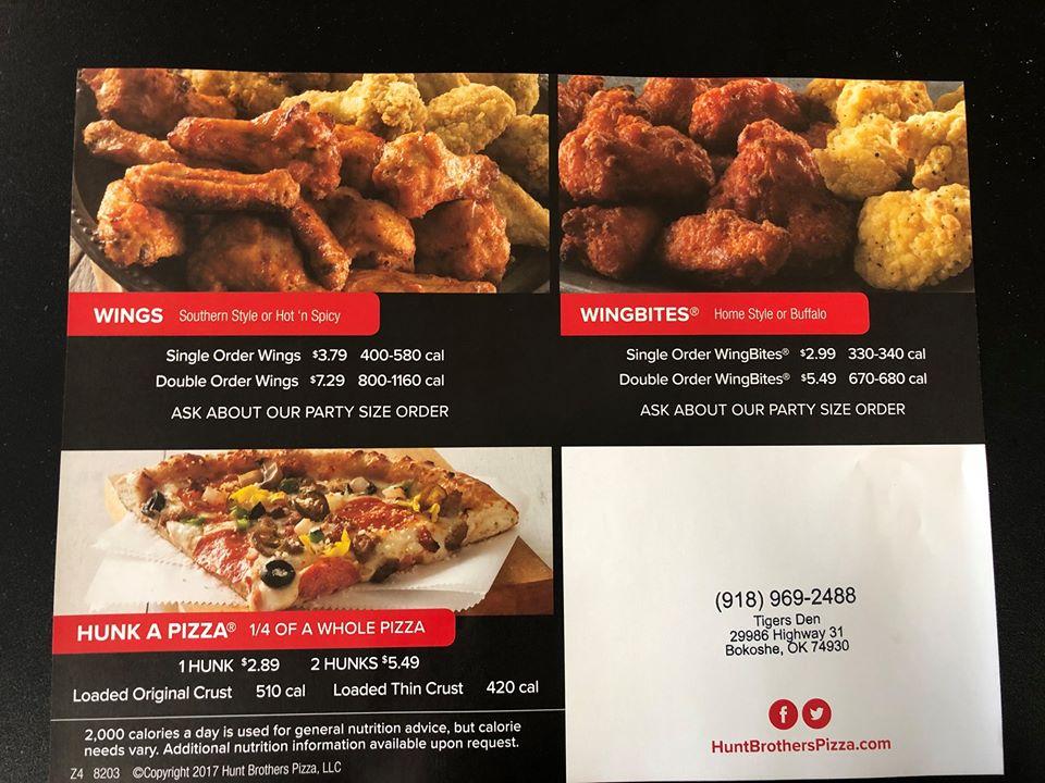 Menu at Tigers Den restaurant, Bokoshe