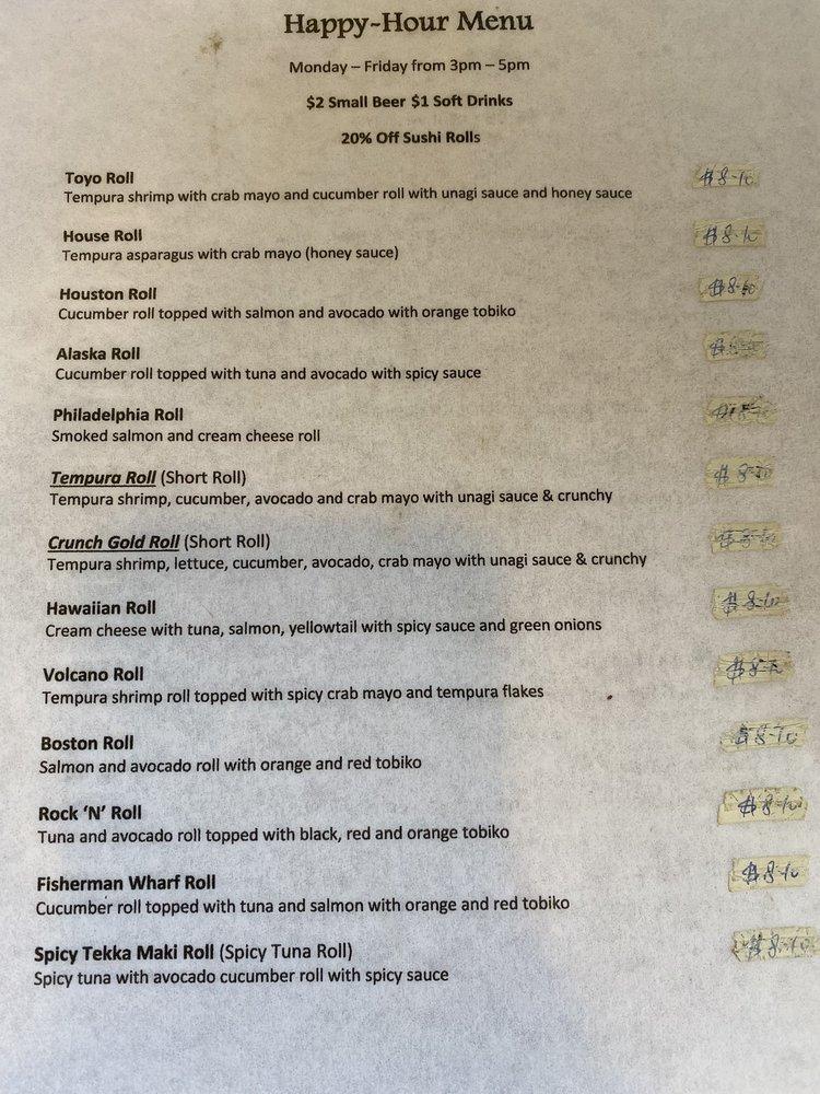 Menu at Toyo Sushi restaurant, Stockton