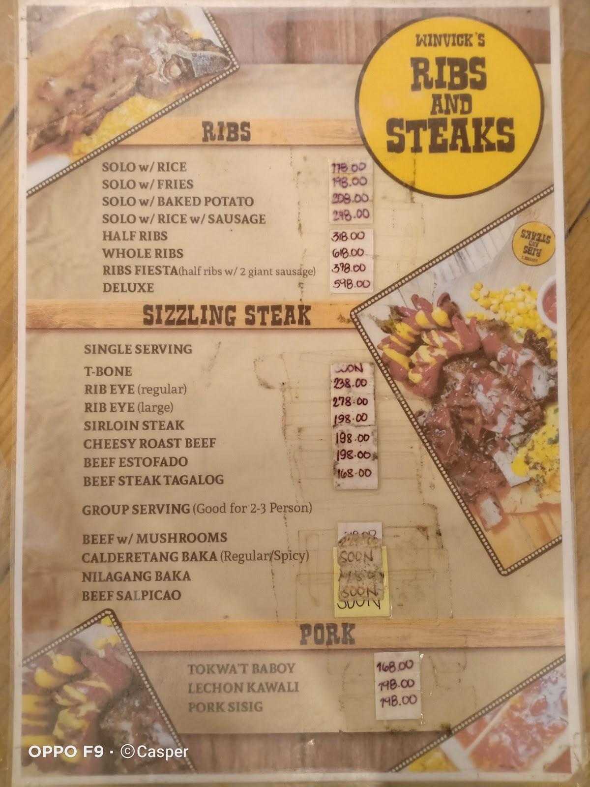 Menu at Winvick's Ribs and Steaks restaurant, Silang