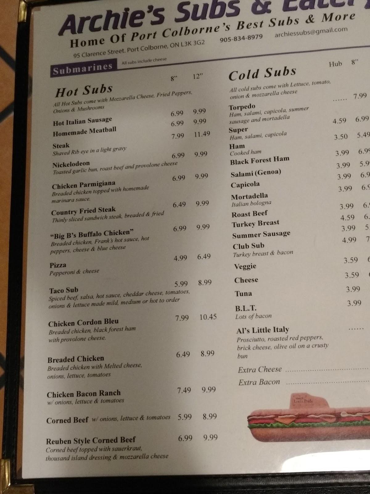 Menu at Archie's Subs and Eatery restaurant, Port Colborne
