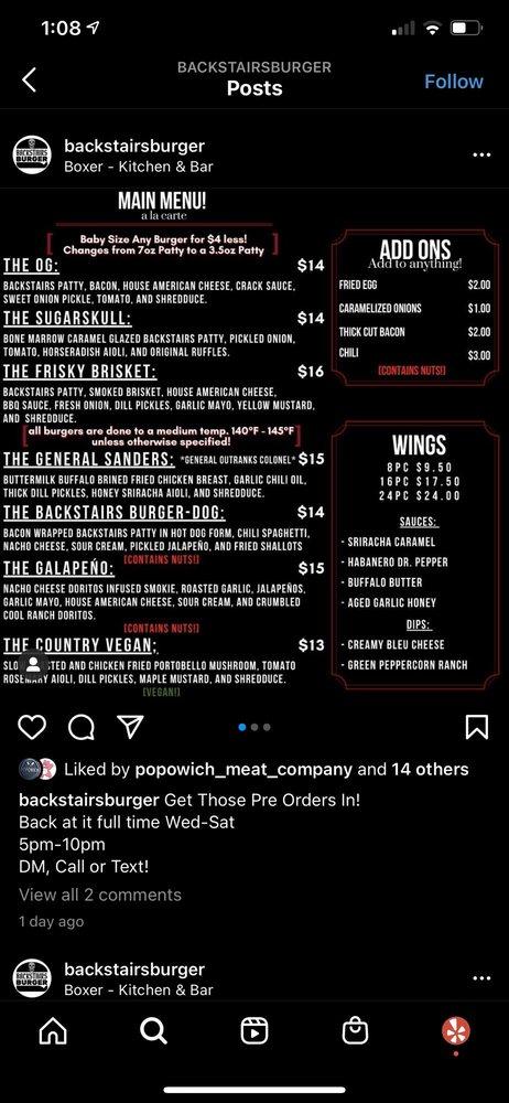 Menu at Backstairs Burger restaurant, Edmonton, 51 Ave NW
