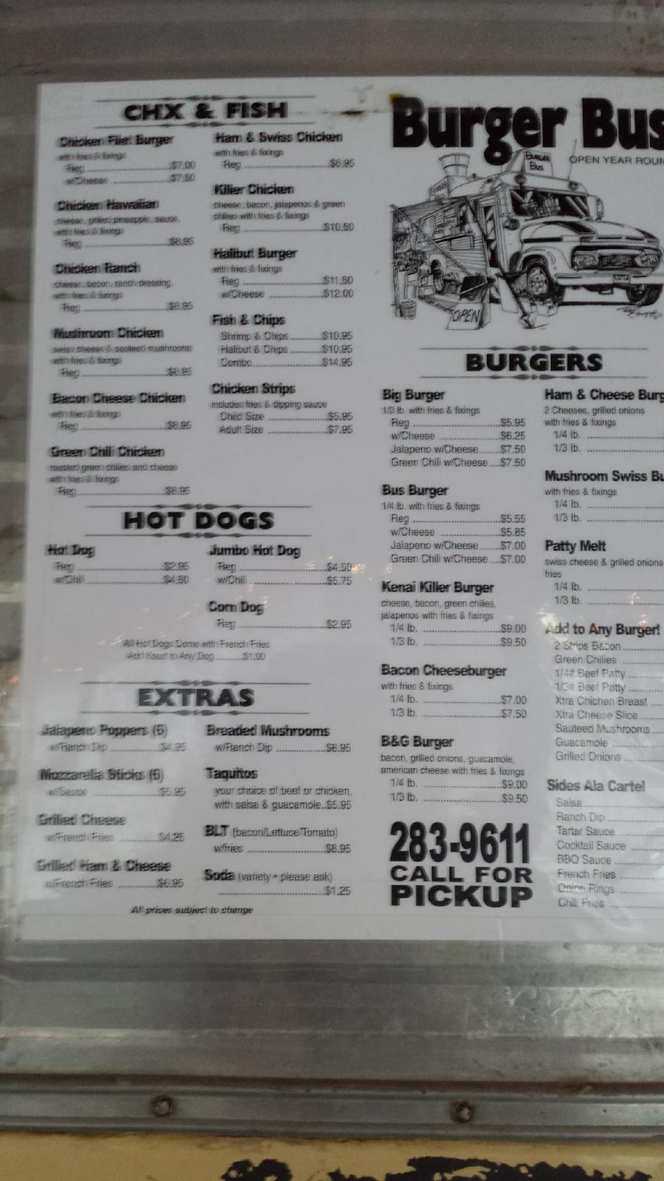 Menu at Burger Bus restaurant, Kenai