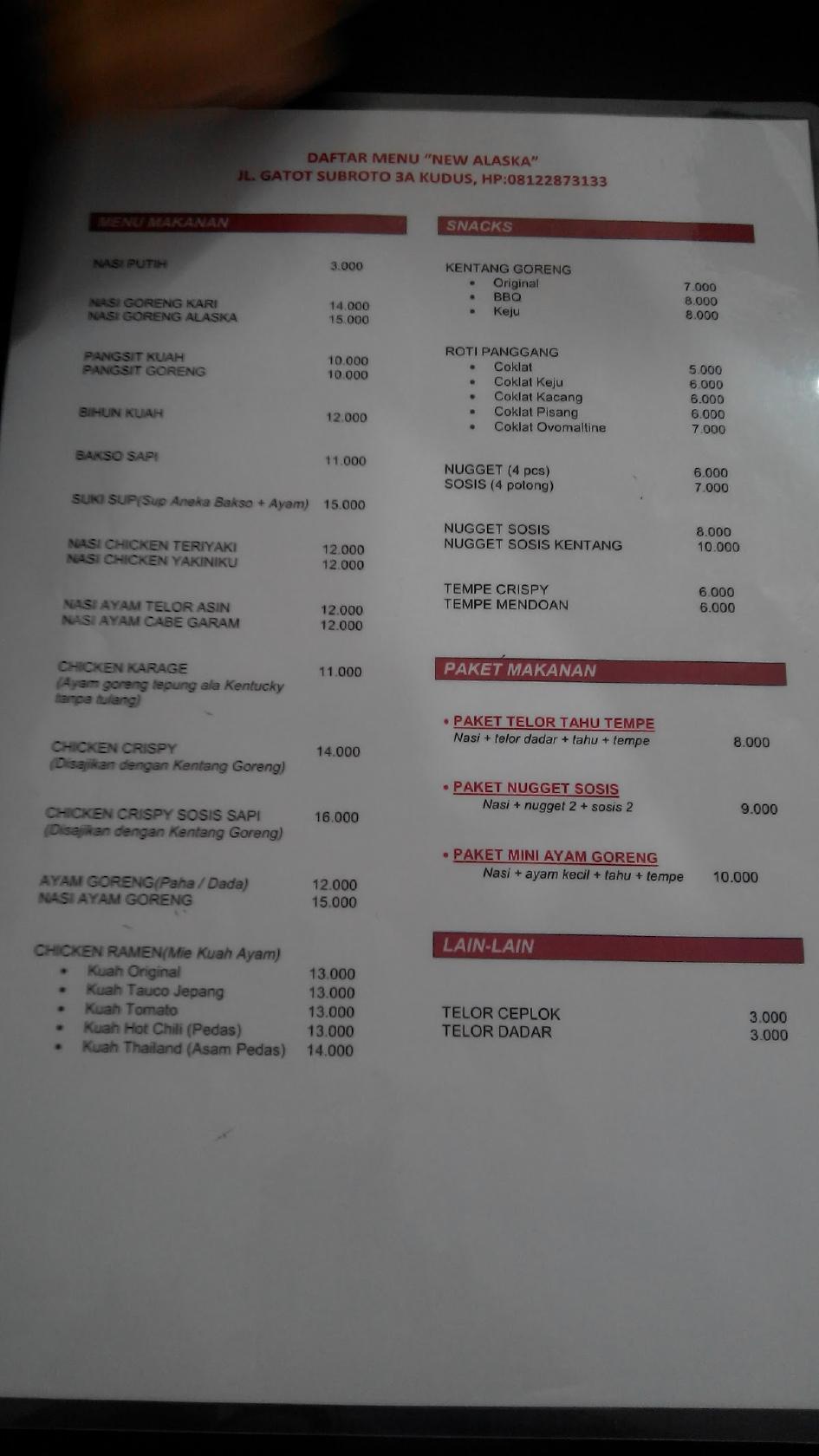 Menu at Cafe New Alaska Kudus, Kudus, Jl. Gatot Subroto No.3A