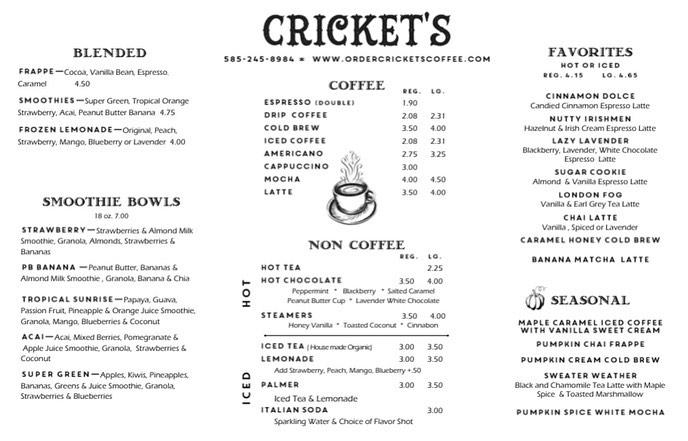 Menu at Cricket's — Coffee. Kitchen. Cocktails cafe, Geneseo