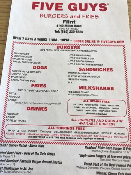 Menu at Five Guys fast food, Flint Township