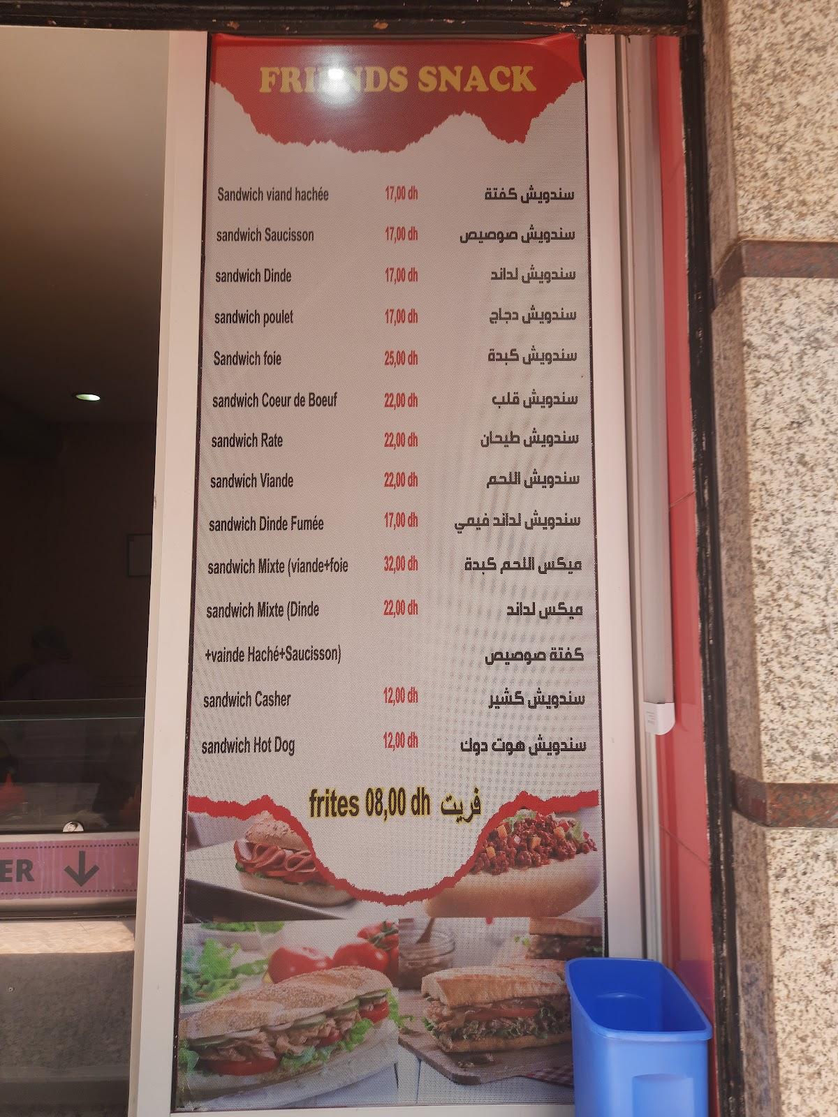 Menu at Friends snack restaurant, Rabat