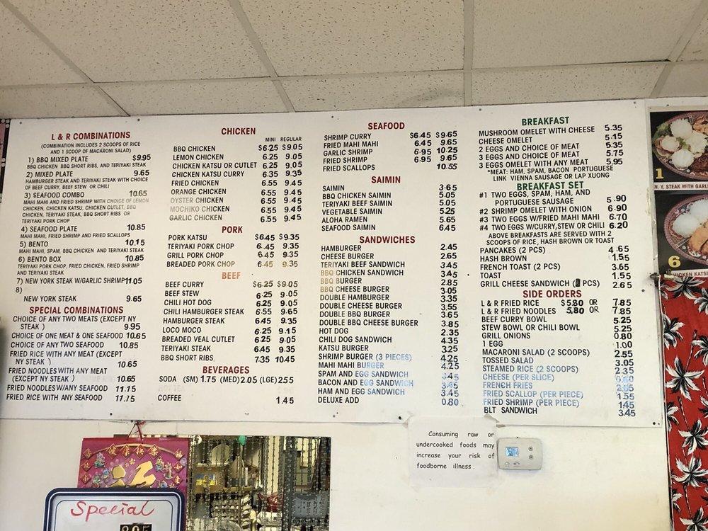 Menu at L & R Drive Inn BBQ, Kaneohe
