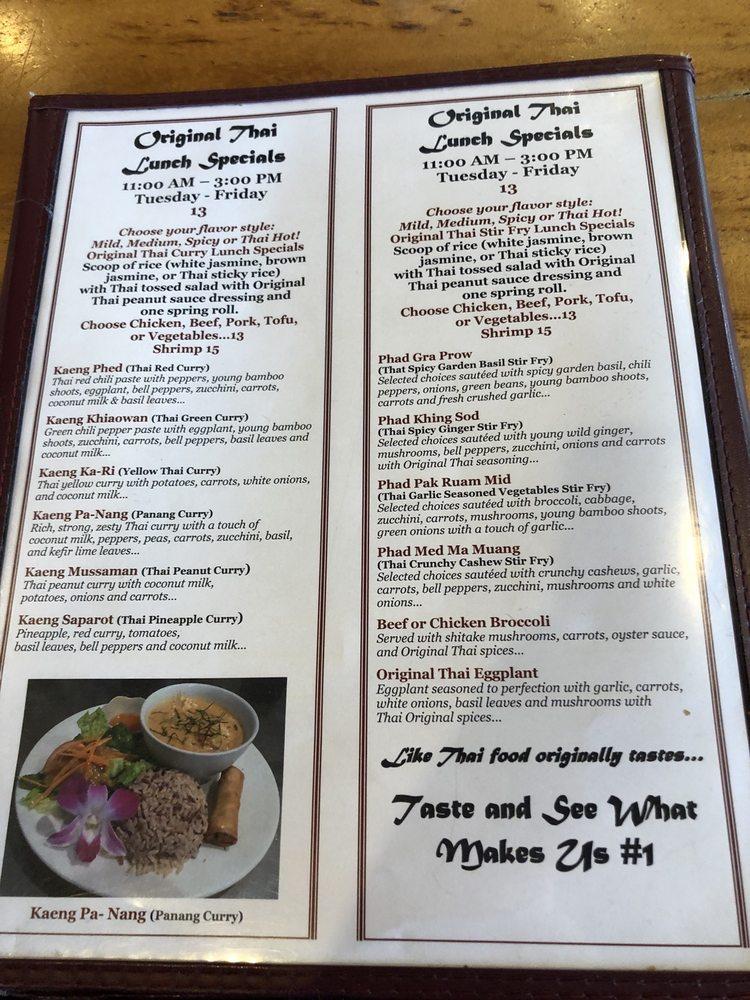 Menu at Original Thai Cuisine LLC Take-out Only restaurant, Kailua-Kona