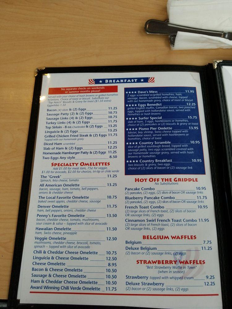 Menu at Penny's All American Cafe, Pismo Beach, Price St