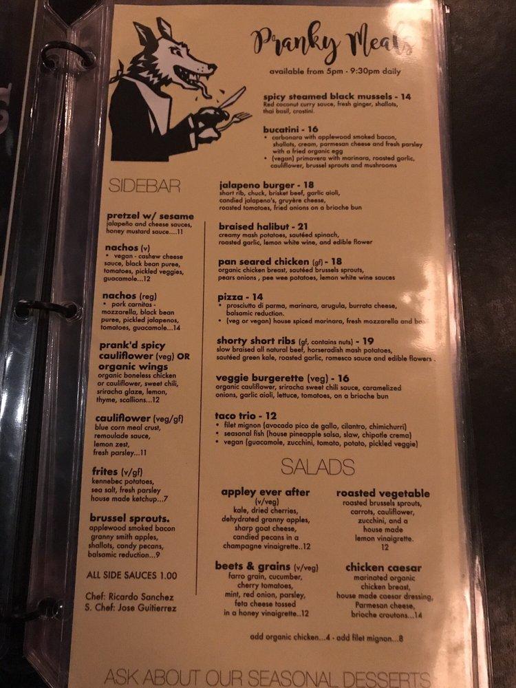 Menu at Prank Bar, Los Angeles
