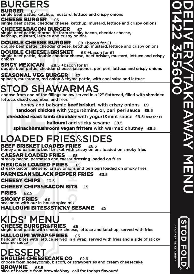 Carta del pub y bar Stod Fold, Halifax