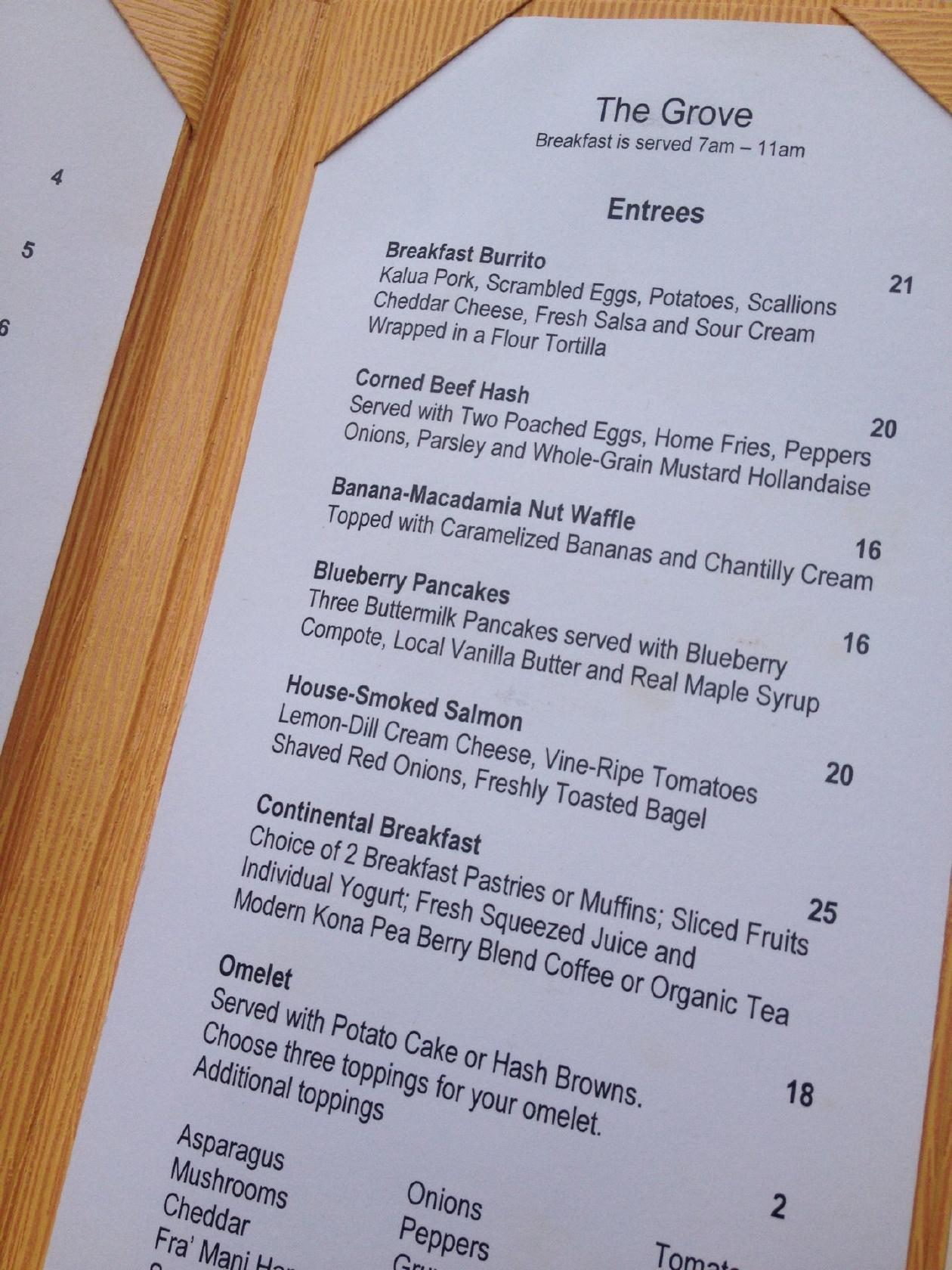 Menu at The Grove Restaurant & Bar, Honolulu