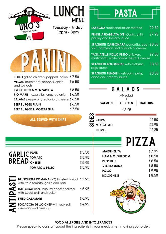Menu at Uno's Trattoria Pizzeria, Hull