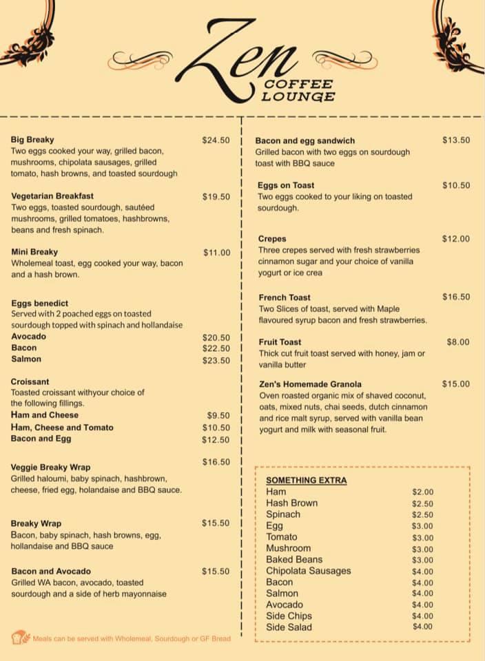 Menu at Zen Coffee Lounge restaurant, Busselton