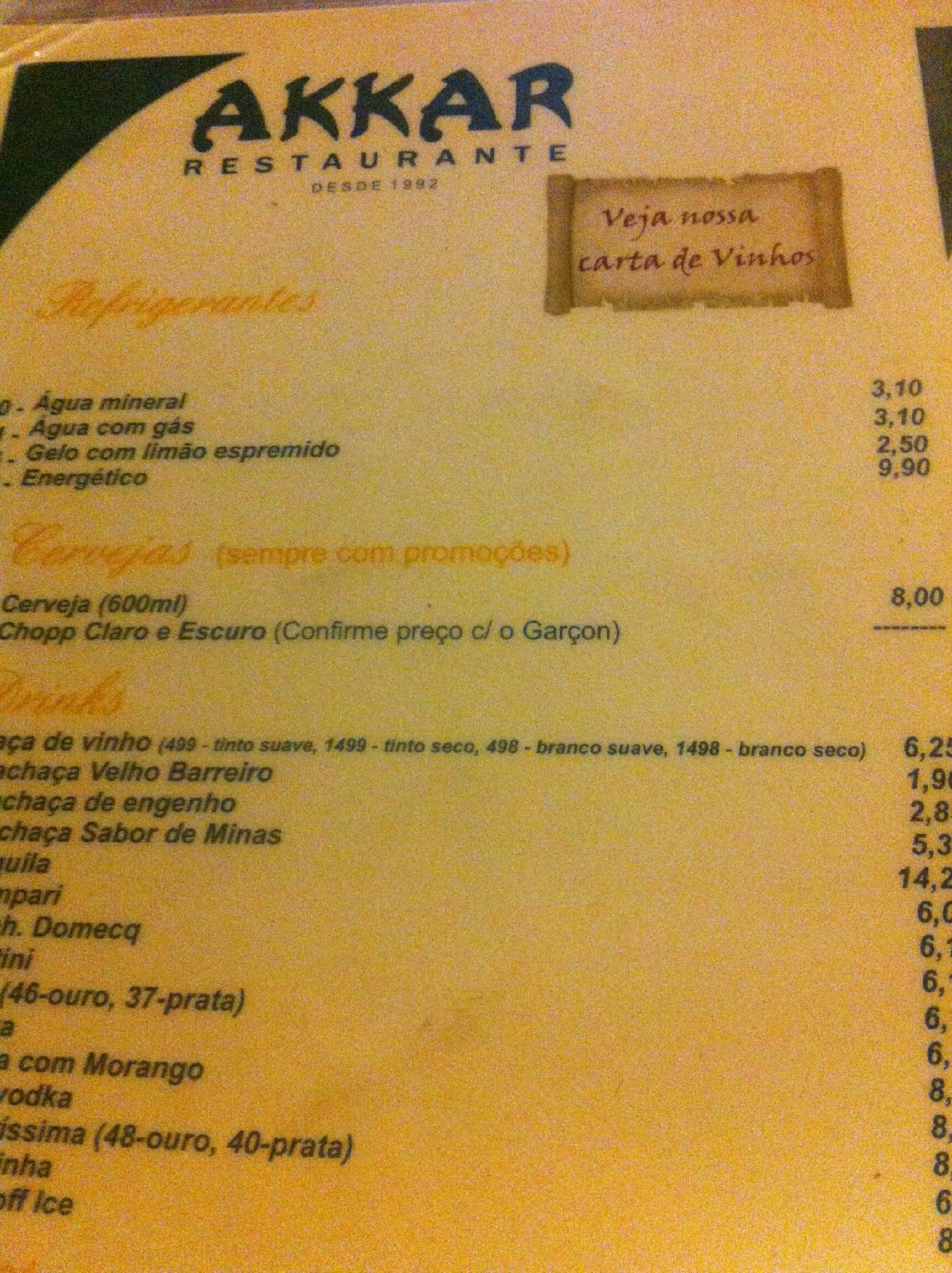 Menu em Akkar Restaurante, Uberlândia, Av. Getúlio Vargas