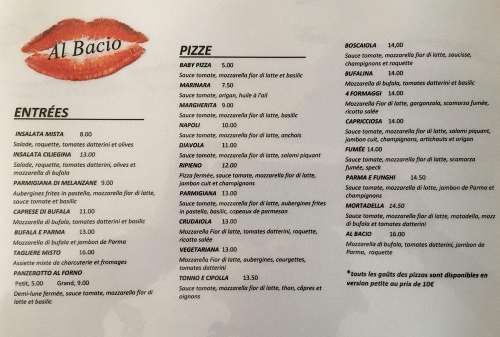 Menu at Al Bacio Ixelles, Brussels