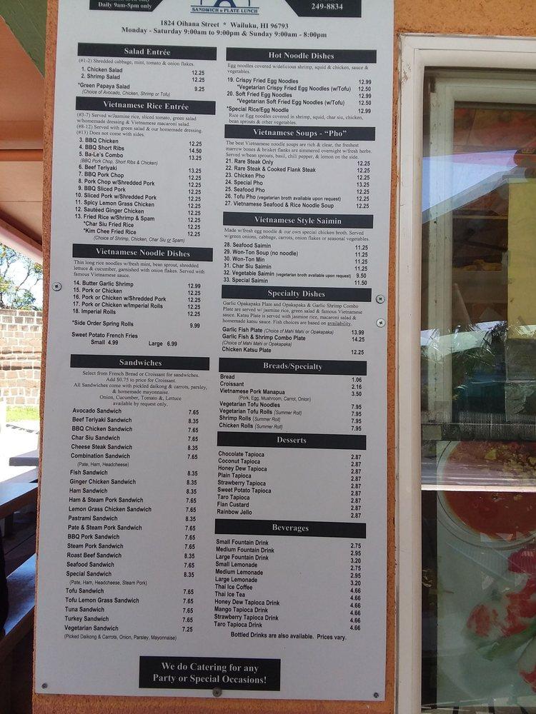 Menu at Ba-Le Sandwich Shop restaurant, Wailuku