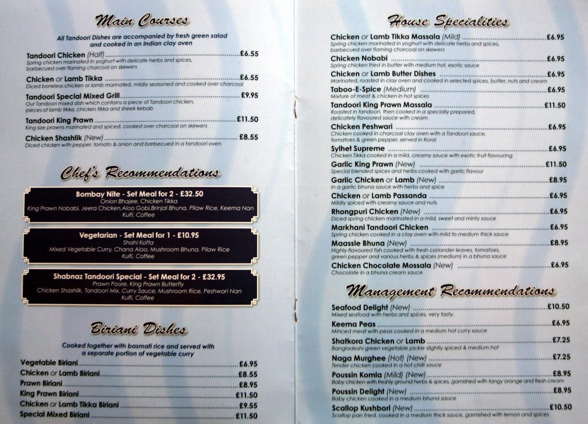 Menu at Bombay Nite restaurant, Great Yarmouth