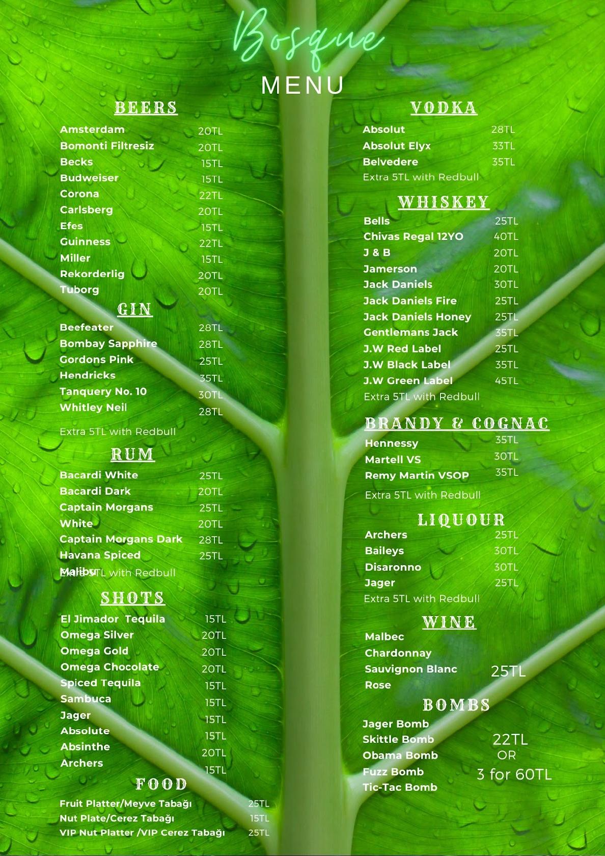 Menu at Bosque Bar, Cyprus