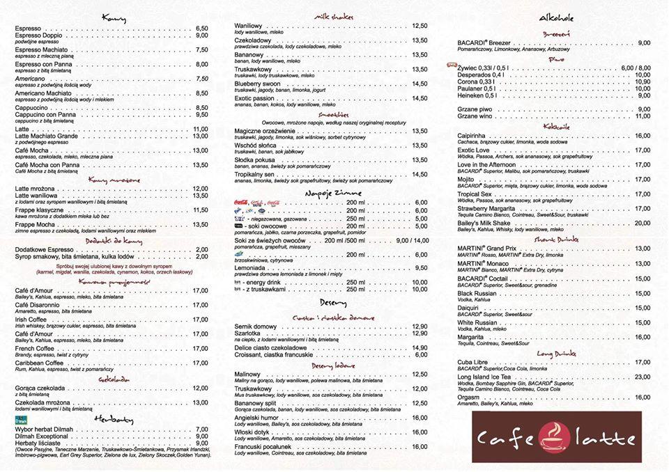 Menu at Cafe Latte, Warsaw, ul. Jana Pawla II 36