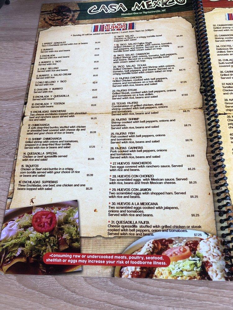 Menu at Casa Mexico restaurant, Township of Taylorsville
