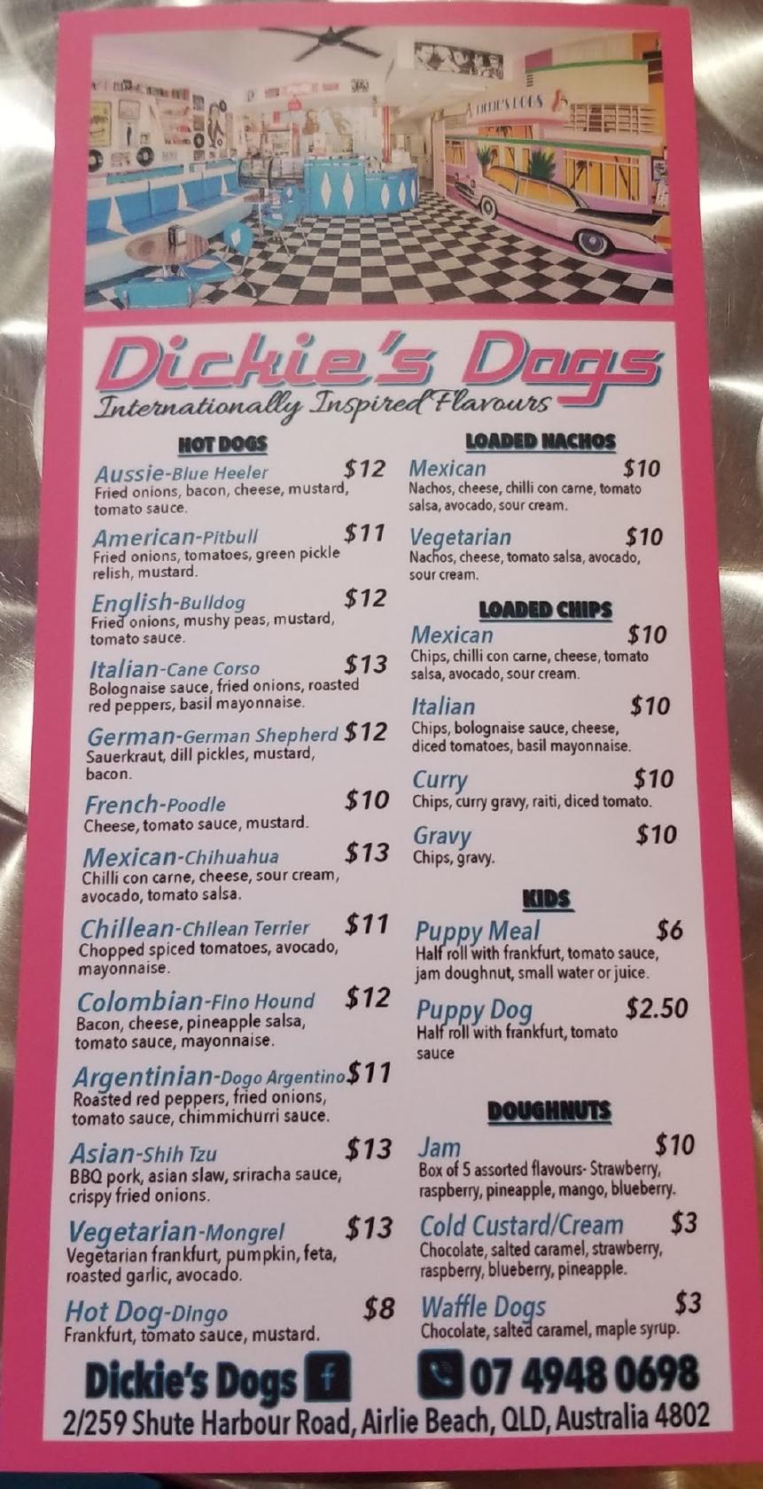 Menu at Dickie's Dogs restaurant, Airlie Beach