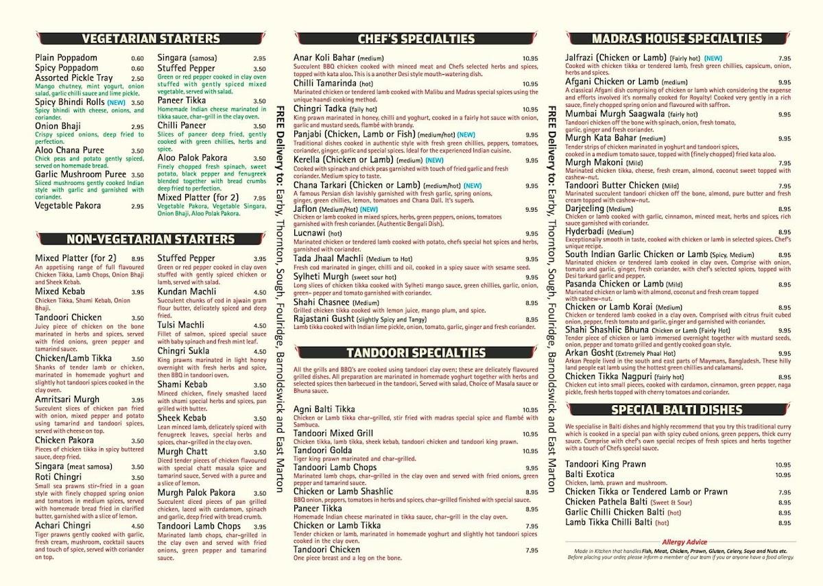 Menu at Madras Authentic Indian Cuisine restaurant, Earby