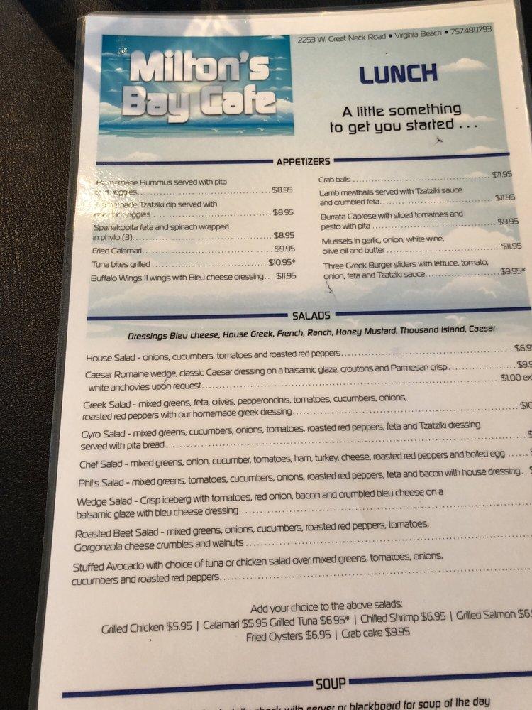 Menu at Milton's Bay Cafe, Virginia Beach