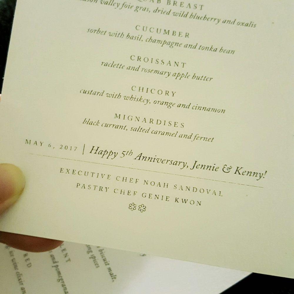 Menu at Oriole restaurant, Chicago