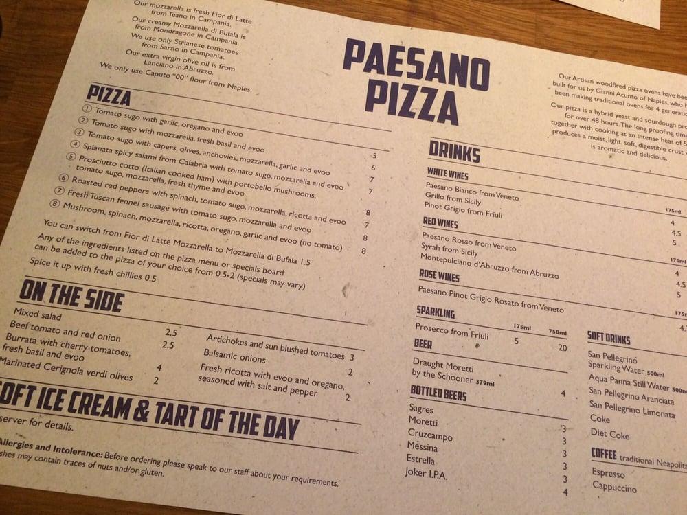 Menu at Paesano Pizza pizzeria, Glasgow, 94 Miller St