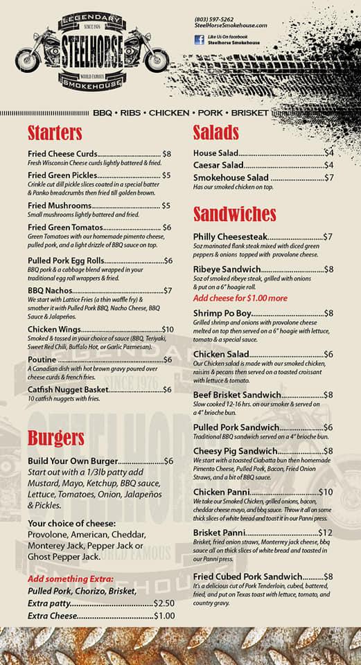 Menu at Steelhorse Smokehouse BBQ, Newberry