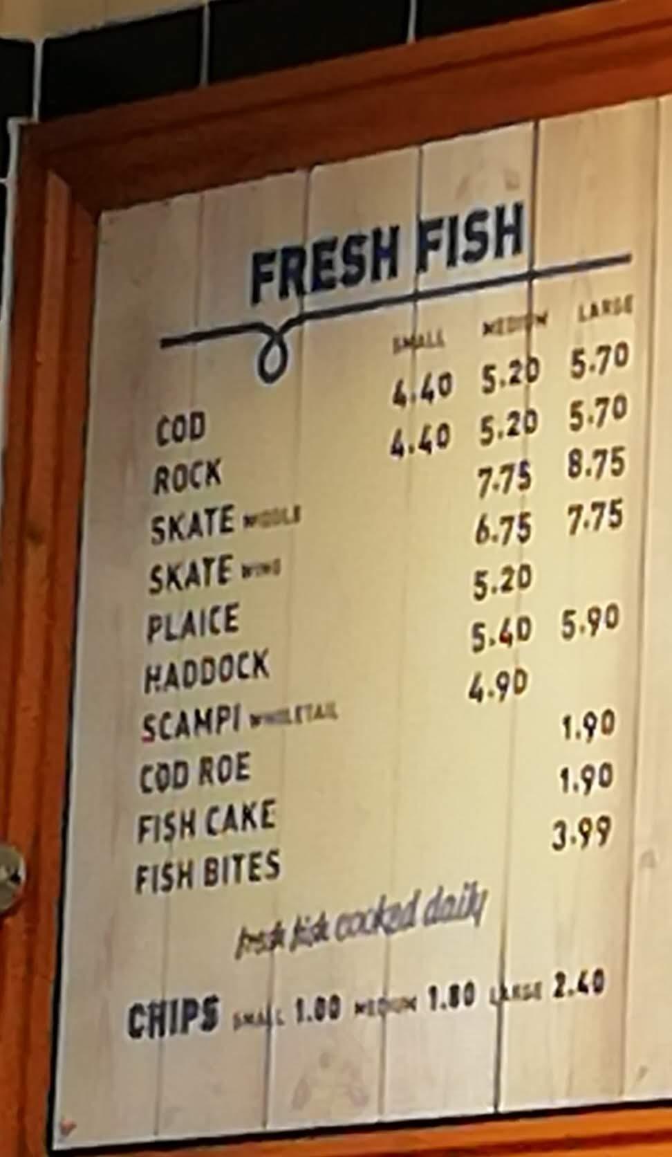 Menu at The Fish Shop restaurant, Southend-on-Sea, 17 Rayleigh Rd