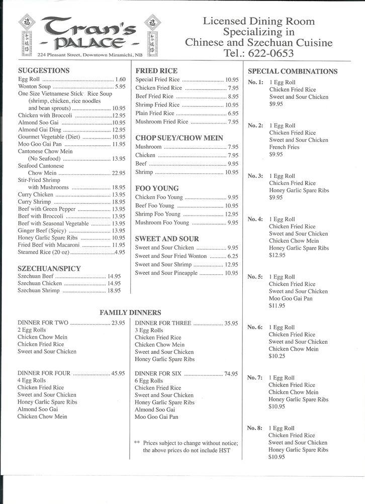 Menu at Tran's Palace Restaurant, Miramichi