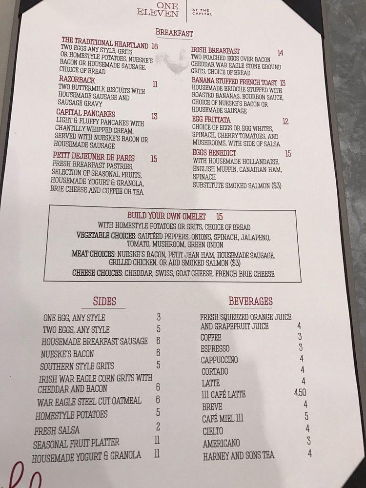 Menu at One Eleven steakhouse, Little Rock
