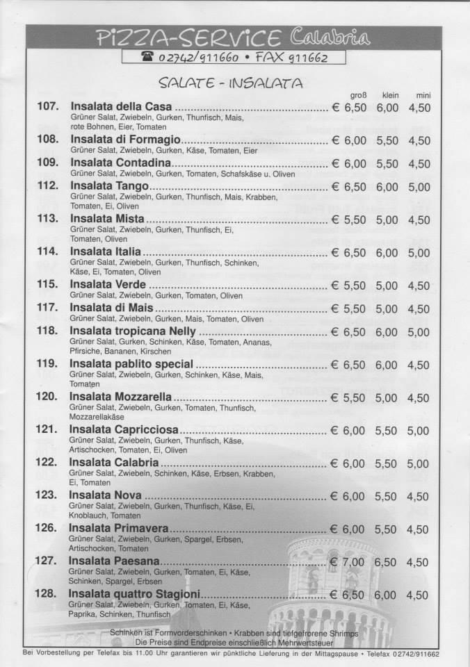 Menu at Pizzeria Calabria, Wissen