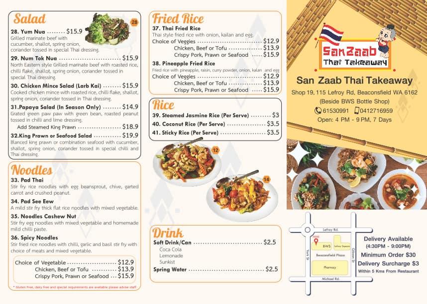 Menu at San Zaab Thai Takeaway restaurant, Beaconsfield